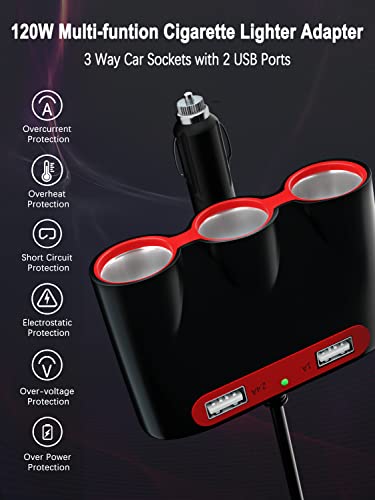 120W Car Cigarette Lighter Splitter, 3 Socket Car Splitter 12V/24V Dual USB Car Charger Adapter for iPhone, iPad, GPS, Dashcam, Radar Detector and More