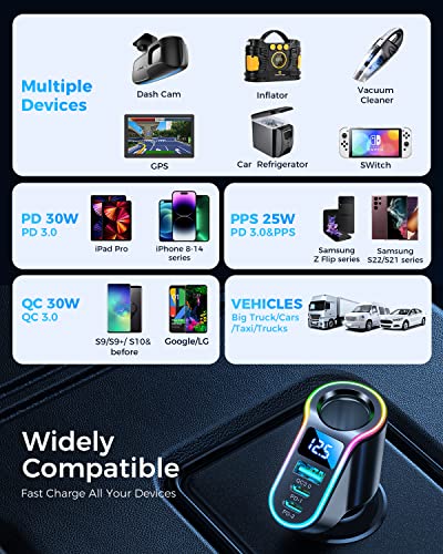 Cigarette Lighter Splitter, 150W 4 in 1 Cigarette Lighter USB Charger 12V Car Charger Adapter, PD3.0 & QC3.0 30W Super Fast USB C Car Charger Compatible with iPhone14 Pro Max/Pro/Samsung/GPS/Dash Cam