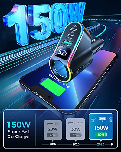 Cigarette Lighter Splitter, 150W 4 in 1 Cigarette Lighter USB Charger 12V Car Charger Adapter, PD3.0 & QC3.0 30W Super Fast USB C Car Charger Compatible with iPhone14 Pro Max/Pro/Samsung/GPS/Dash Cam