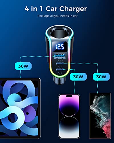 Cigarette Lighter Splitter, 150W 4 in 1 Cigarette Lighter USB Charger 12V Car Charger Adapter, PD3.0 & QC3.0 30W Super Fast USB C Car Charger Compatible with iPhone14 Pro Max/Pro/Samsung/GPS/Dash Cam
