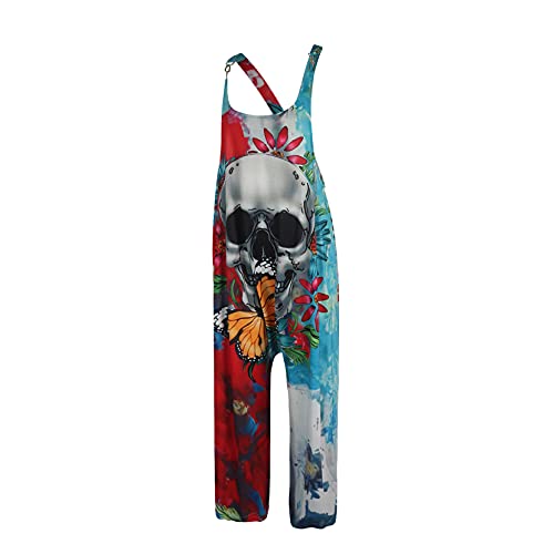 Women Boho Wide Leg Jumpsuits Summer Floral Skeleton Print Plus Size Baggy Dungarees Overalls Y2k Romper Clothes (Color A, Small)