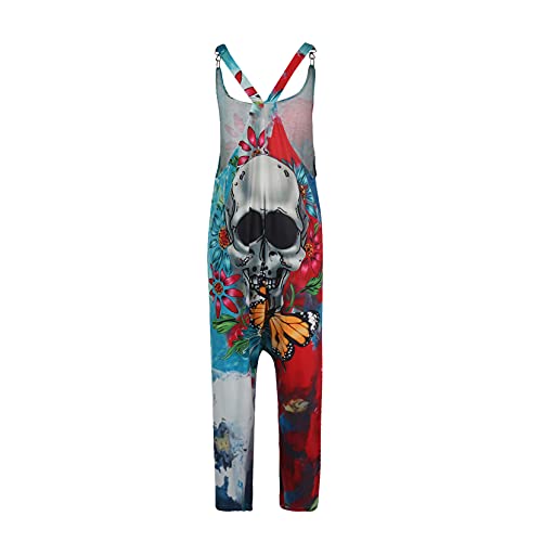 Women Boho Wide Leg Jumpsuits Summer Floral Skeleton Print Plus Size Baggy Dungarees Overalls Y2k Romper Clothes (Color A, Small)