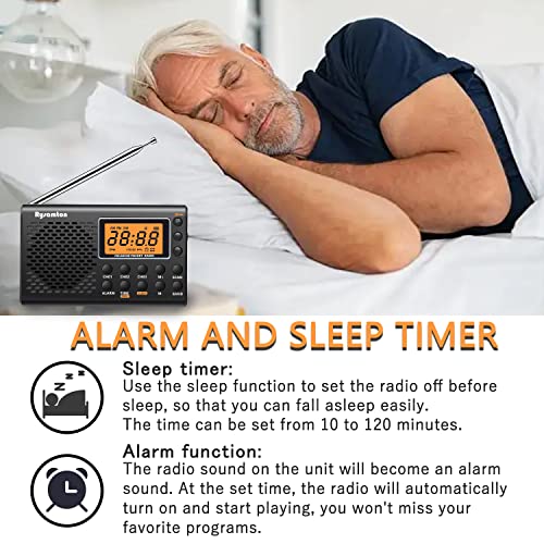 Rysamton Portable AM/FM/Shortwave Radio, Batteries Operated Pocket Radios, Large Digital Display, Clock Radio with Alarm and Sleep Function, Earphone Included