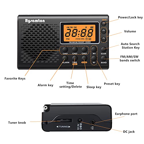 Rysamton Portable AM/FM/Shortwave Radio, Batteries Operated Pocket Radios, Large Digital Display, Clock Radio with Alarm and Sleep Function, Earphone Included