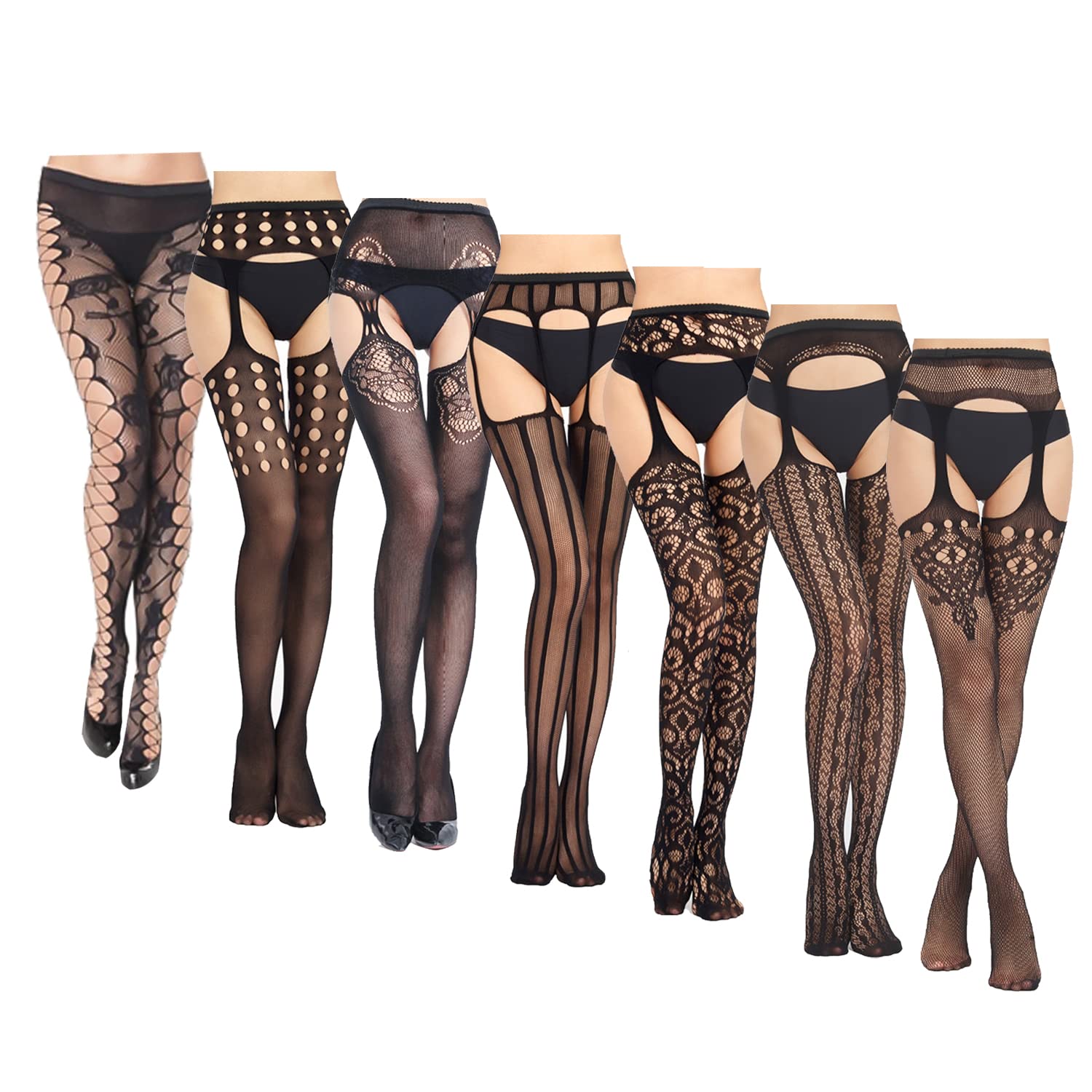 GEMLORD 7 Pairs Women Fishnet Stockings - Thigh-High Stockings Tights Suspender Pantyhose Stockings, Black Fish Net Tights Lace Stockings