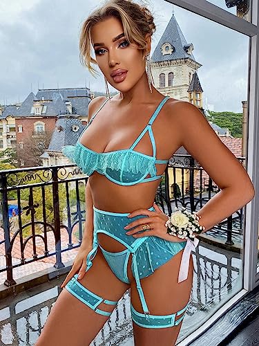 SOLY HUX Women's Valentines Sexy Mesh Lingerie Set Lace Teddy Strap Babydoll Bodysuit with Garter Belts Plain Light Blue XXL
