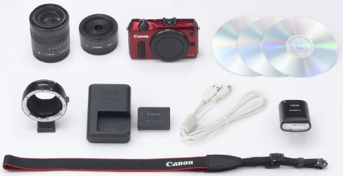 Canon EOS-M Mirrorless Digital Camera With EF-M 18-55MM, 22Mm STM Lenses with 90EX Flash with Mount Adapter EF-EOS M (Red) - International Version (No Warranty)
