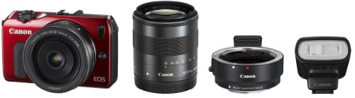 Canon EOS-M Mirrorless Digital Camera With EF-M 18-55MM, 22Mm STM Lenses with 90EX Flash with Mount Adapter EF-EOS M (Red) - International Version (No Warranty)