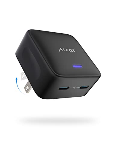 35W Dual USB-C Port Compact Power Adapter, Alfox PD 3.0 GaN PPS Type C Fast Charging Block with Foldable Plug and LED Indicator for iPhone 14 iPhone 13 Pro Max Samsung MacBook Pro Air iPad Black