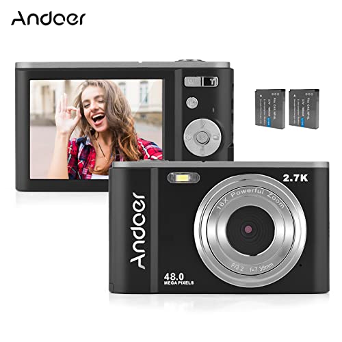 Andoer Portable Digital Camera 48MP 2.7K 2.88-inch IPS Screen 16X Zoom Auto Focus Self-Timer 128GB Extended Memory Face Detection Anti-Shaking with 2pcs Batteries Hand Strap Carry Pouch