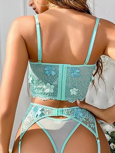 WDIRARA Women's Floral Lace Embroidered Push Up Garter Lingerie Set with Stockings Green Floral L