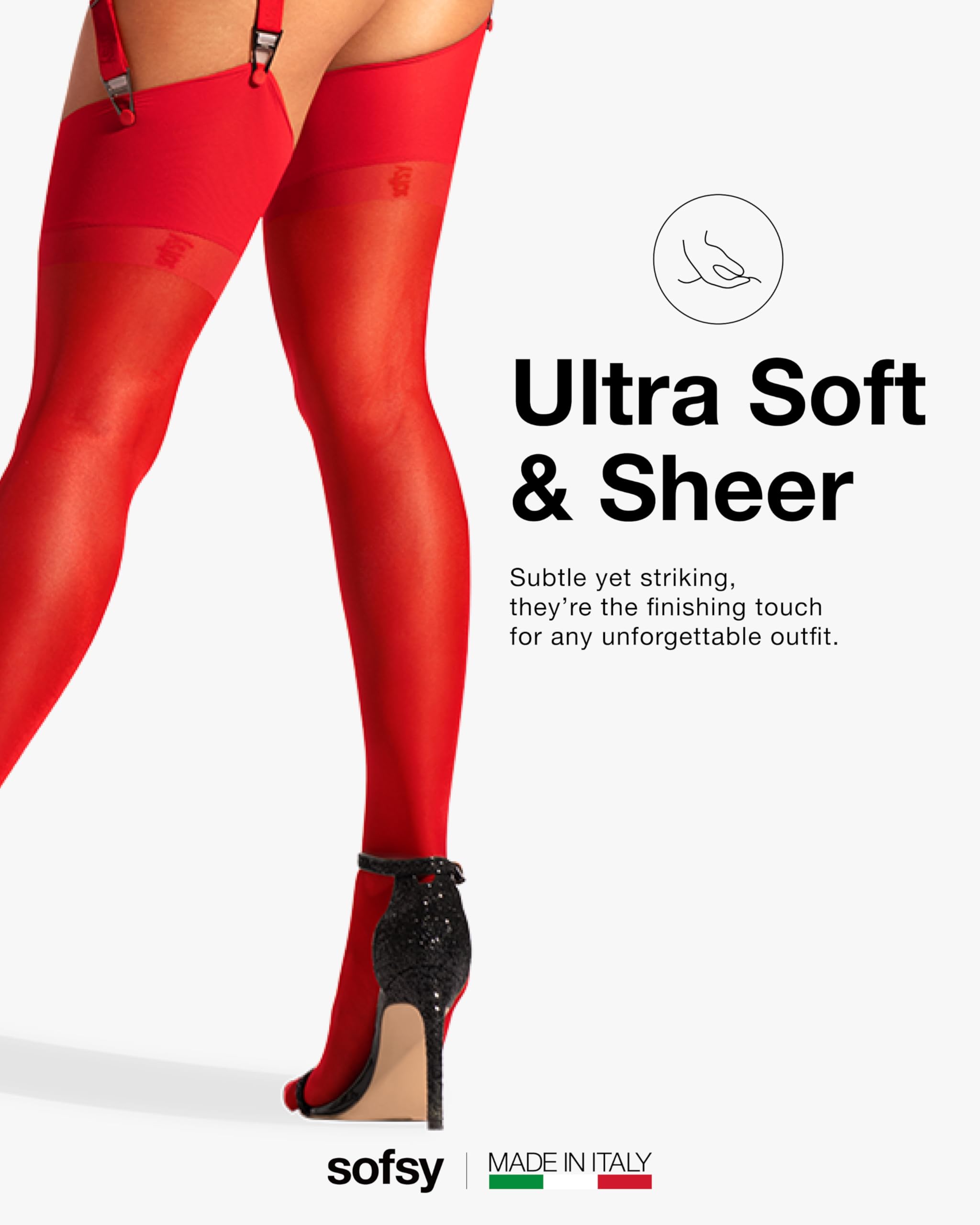 sofsy Italian-Made Sheer Red Stockings for Women | 15 Den Thigh Highs for Garter Belts & Boudoir Lingerie | Ultra Sheer & Soft - Medium