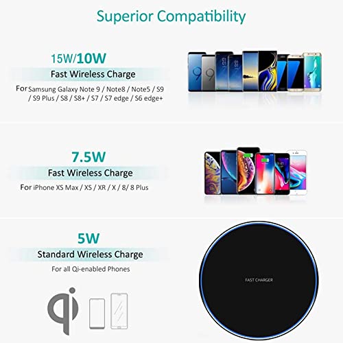 Wireless Charger Fast Charging Pad Certified QI Compatible with Apple iPhone 13/12/SE/11/X/XR/8, AirPods, Samsung Galaxy/Note S21/S20/S9, Galaxy Buds