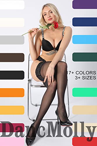 DancMolly Silky Thigh High Stockings, with 17+ Colors Sheer Silicone Lace Top Pantyhose for Women, 1 Pair (Black, A-B)