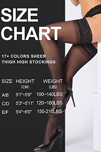 DancMolly Silky Thigh High Stockings, with 17+ Colors Sheer Silicone Lace Top Pantyhose for Women, 1 Pair (Black, A-B)