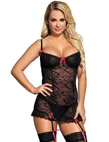 ohyeah Sexy Lace Babydoll Teddy Lingerie Crotchless Bodysuit for Women Sexy Boudoir Outfits Garter Belt for Thigh Highs, M-L Black