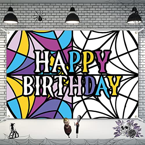 Wednesday Addams Birthday Decorations Wednesday Addams Stained Happy Birthday Backdrop Banner for Wednesday Addams Birthday Party Supplies 5x3FT