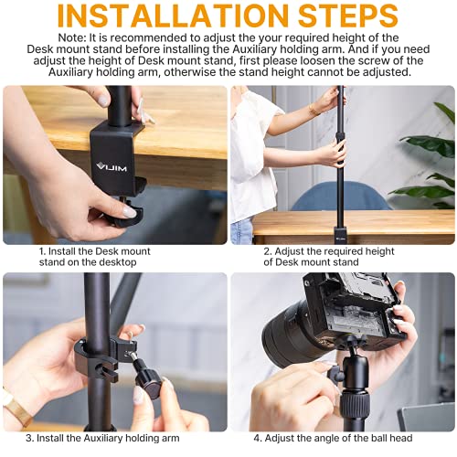 jusmo Camera Desk Mount with Auxiliary Holding Arm, Overhead Camera Mount with 360° Ballhead and Phone Grip, Table C-Clamp Multi Mount Stand for DSLR, Phone, Light, Webcam and More (LS02)