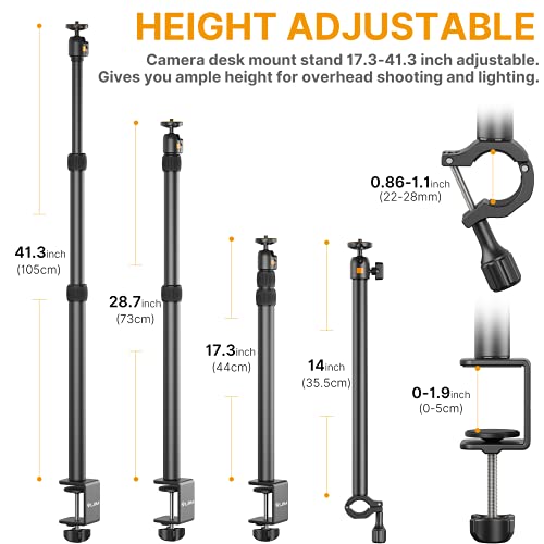 jusmo Camera Desk Mount with Auxiliary Holding Arm, Overhead Camera Mount with 360° Ballhead and Phone Grip, Table C-Clamp Multi Mount Stand for DSLR, Phone, Light, Webcam and More (LS02)