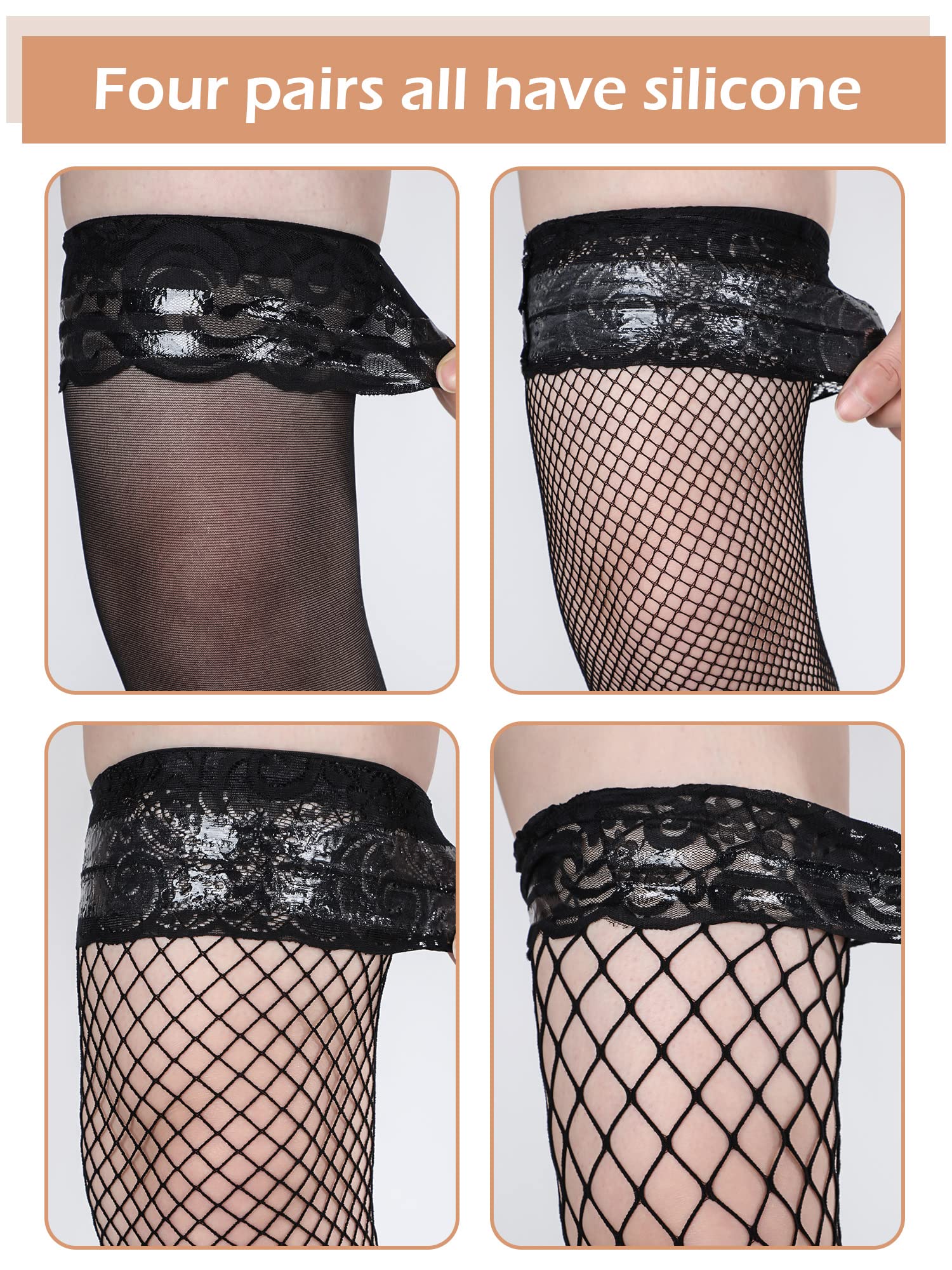 Bencailor 4 Pairs Fishnet Thigh High Stocking for Women Silicone Lace Top Sheer Over Knee Silky Stockings(Black,Large)