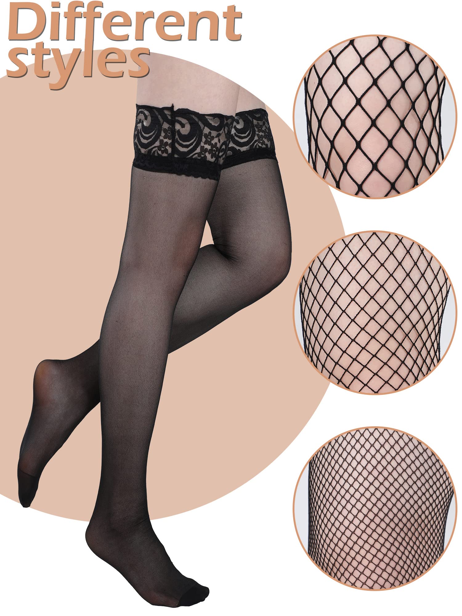 Bencailor 4 Pairs Fishnet Thigh High Stocking for Women Silicone Lace Top Sheer Over Knee Silky Stockings(Black,Large)