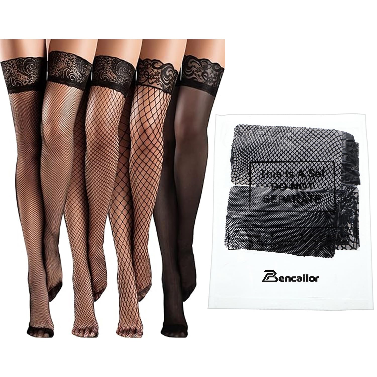 Bencailor 4 Pairs Fishnet Thigh High Stocking for Women Silicone Lace Top Sheer Over Knee Silky Stockings(Black,Large)