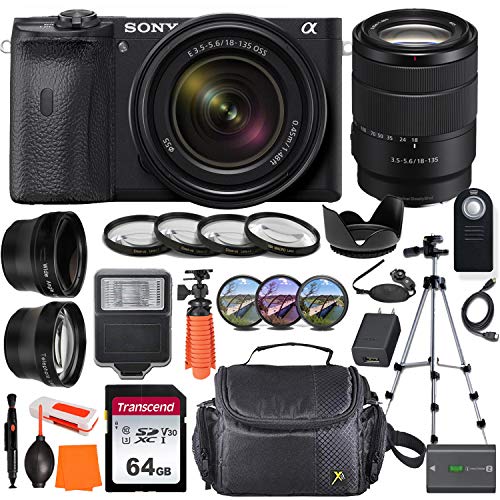 Sony Alpha a6600 Mirrorless Digital Camera with 18-135mm Lens + Wide-Angle & Telephoto Conversion Lens, 64GB Memory Card, Flex Tripod, Close-up & Filter Kits, Digital Flash & More…