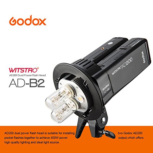 Godox AD-B2 Dual Power Twin Head Bowens Mount to Install 2 Godox AD200 or AD200 Pro Pocket Flash or Flashpoint eVOLV 200 TTL Modular Strobe Light Together to Achieve 400W Power Output