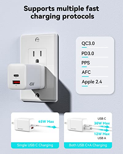 45W USB C Charger, TECKNET PD 3.0 Super Fast Wall Charger with Dual Ports, GaN Tech Portable Power Adapter Compatible for iPhone 14/13/Mini Pro Max, MacBook Pro 13″, iPad Pro, Galaxy S22/21
