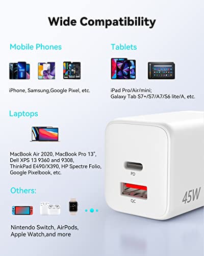 45W USB C Charger, TECKNET PD 3.0 Super Fast Wall Charger with Dual Ports, GaN Tech Portable Power Adapter Compatible for iPhone 14/13/Mini Pro Max, MacBook Pro 13″, iPad Pro, Galaxy S22/21