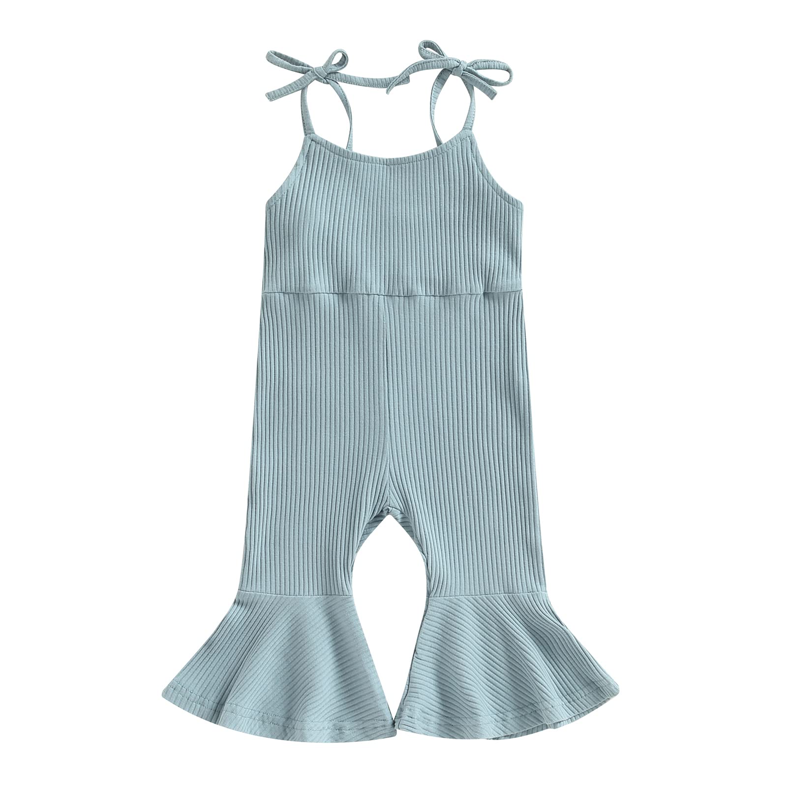 Bonangber Casual Toddler Baby Girl Summer Romper Ribbed Solid Color Sleeveless Suspenders Bell Bottom Pants Jumpsuit (Blue, 3-4 Years)