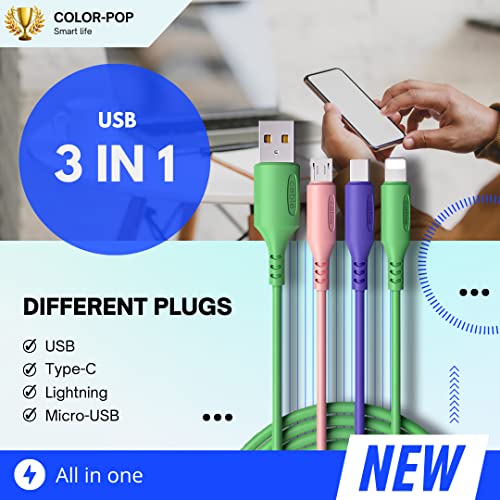 Multi Charging Cable β 2-Pack 3 in 1 Charging Cable for Car, Office β Liquid Silicone Rubber Phone Charger Type C Cable, Micro USB β Compatible with iPhone, Tablet, Samsung, Huawei