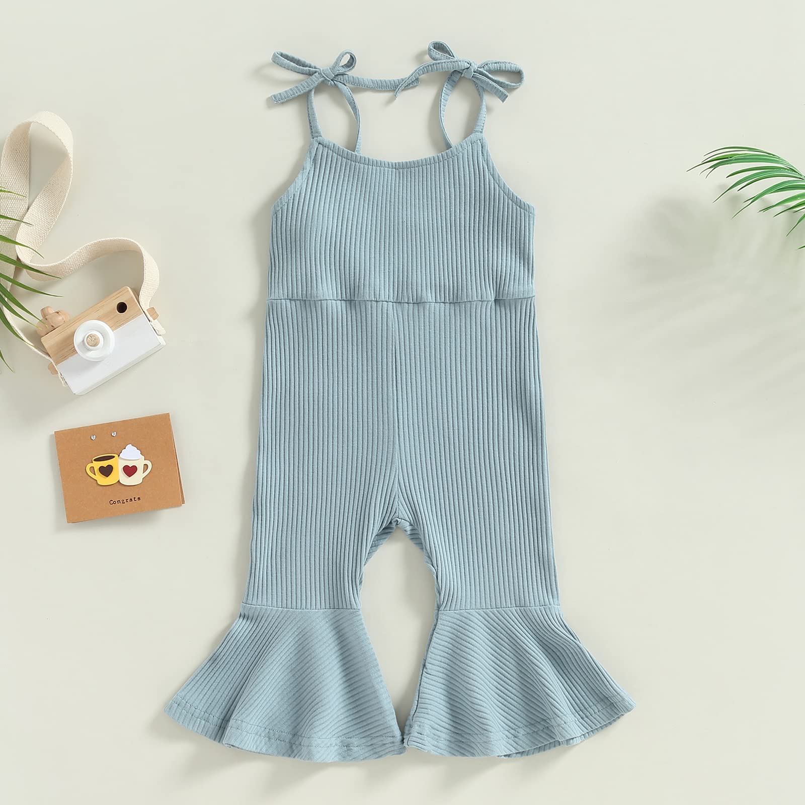 Bonangber Casual Toddler Baby Girl Summer Romper Ribbed Solid Color Sleeveless Suspenders Bell Bottom Pants Jumpsuit (Blue, 3-4 Years)