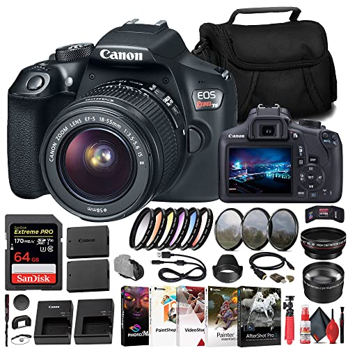 Canon EOS Rebel T6 DSLR Camera with 18-55mm Lens (1159C003) + 64GB Memory Card + Color Filter Kit + Filter Kit + Charger + LPE10 Battery + Wide Angle Lens + Telephoto Lens + Lens Hood + More (Renewed)