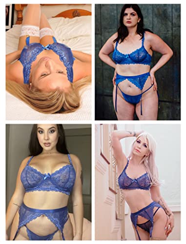 Avidlove Womens Lace Garter Lingerie Set with Underwire Push Up Lingerie Set (No Stockings) Blue M