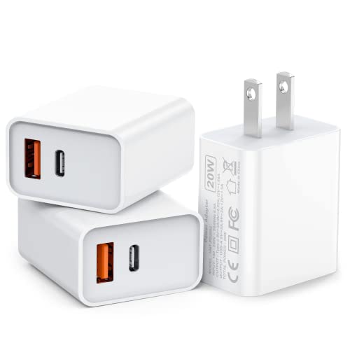 3Pack USB C Wall Charger, 20W Type C Fast Charger+ QC3.0 USB A Double Port Power Adapter Charger Plug Block for iPhone 14/13/12/11/Plus/Pro Max/Pro/12 Mini/XS/XR/X/8/7/6/6S Plus,Samsung