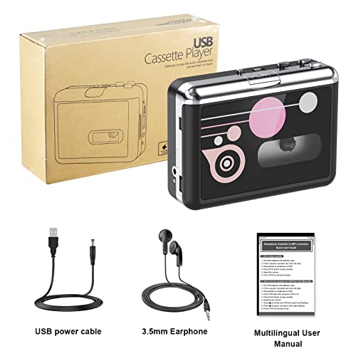 DIGITNOW Cassette Player, Portable USB Cassette to MP3 Converter, Walkman Audio Music Cassette Tape to Digital Converter Player with Earphones, No PC Required, Black