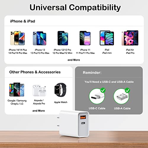 3Pack USB C Wall Charger, 20W Type C Fast Charger+ QC3.0 USB A Double Port Power Adapter Charger Plug Block for iPhone 14/13/12/11/Plus/Pro Max/Pro/12 Mini/XS/XR/X/8/7/6/6S Plus,Samsung