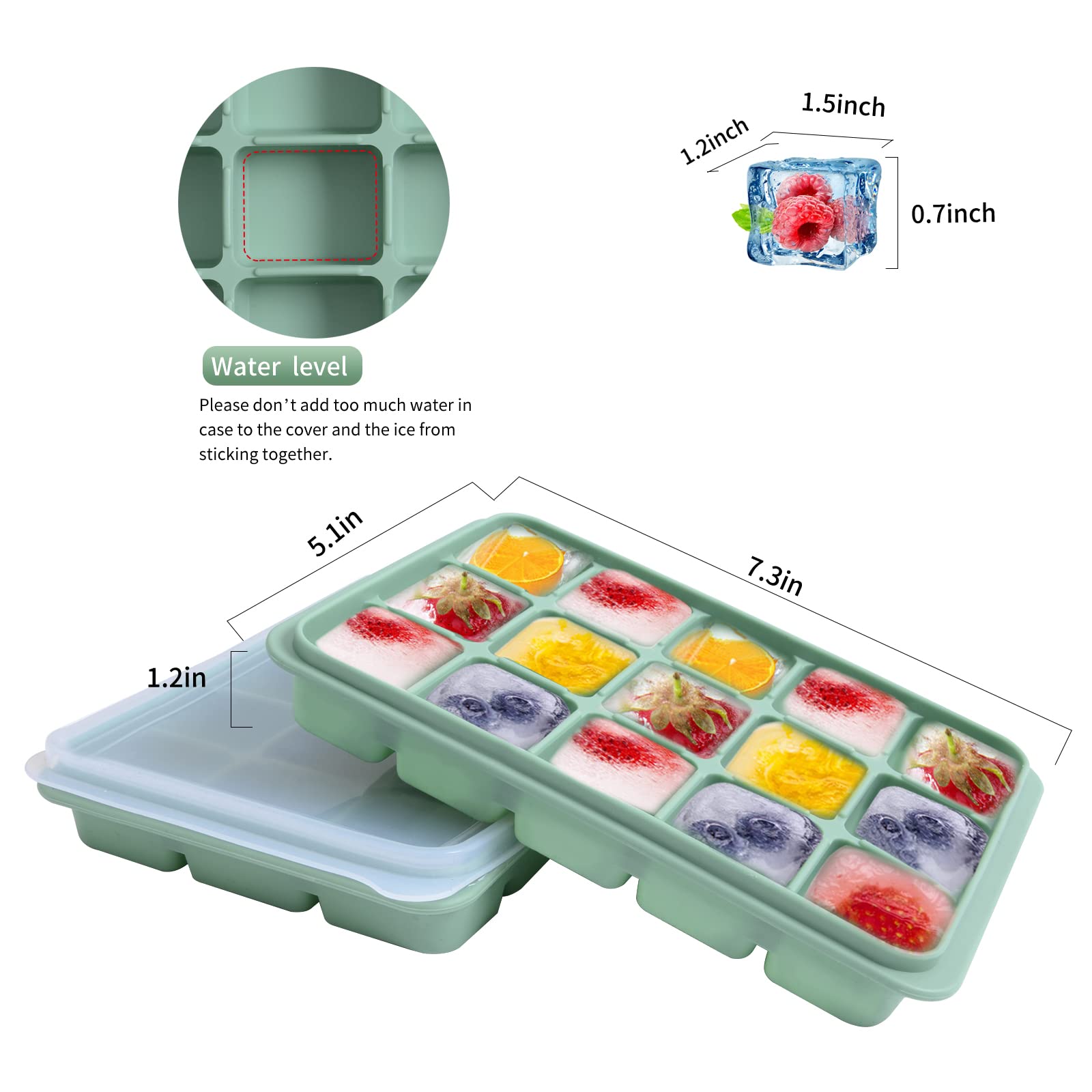 Ice Cube Trays Set of 2, Easy Release 15 Flexible Silicone Ice Cube Molds with Removable Lid Reusable Freezer Ice Trays Stackable for Whiskey, Baby Food, BPA Free (BAMBOO GREEN)