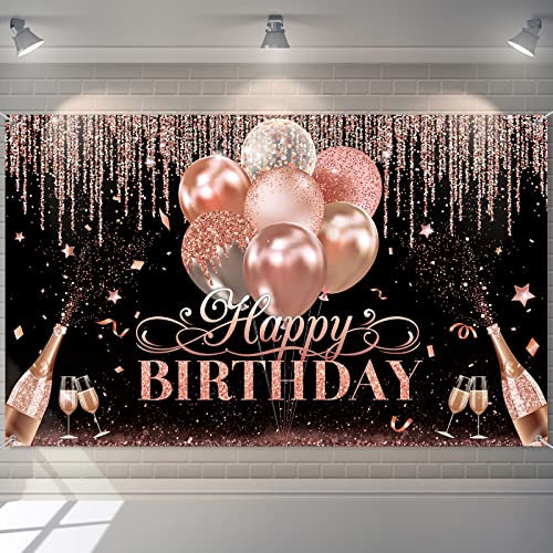 Black Silver Rose Gold Happy Birthday Party Decorations Supplies Glitter Balloon Birthday Party Backdrop for Women Girls Happy Birthday Banner Baby Shower Sweet 16 Photography Background Photo Booth