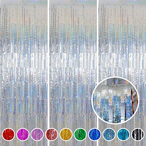 Foil Fringe Curtains Party Decorations - Melsan 3 Pack 3.2 x 8.2 ft Tinsel Curtain Party Photo Backdrop for Birthday Party Baby Shower or Graduation Decorations Silver