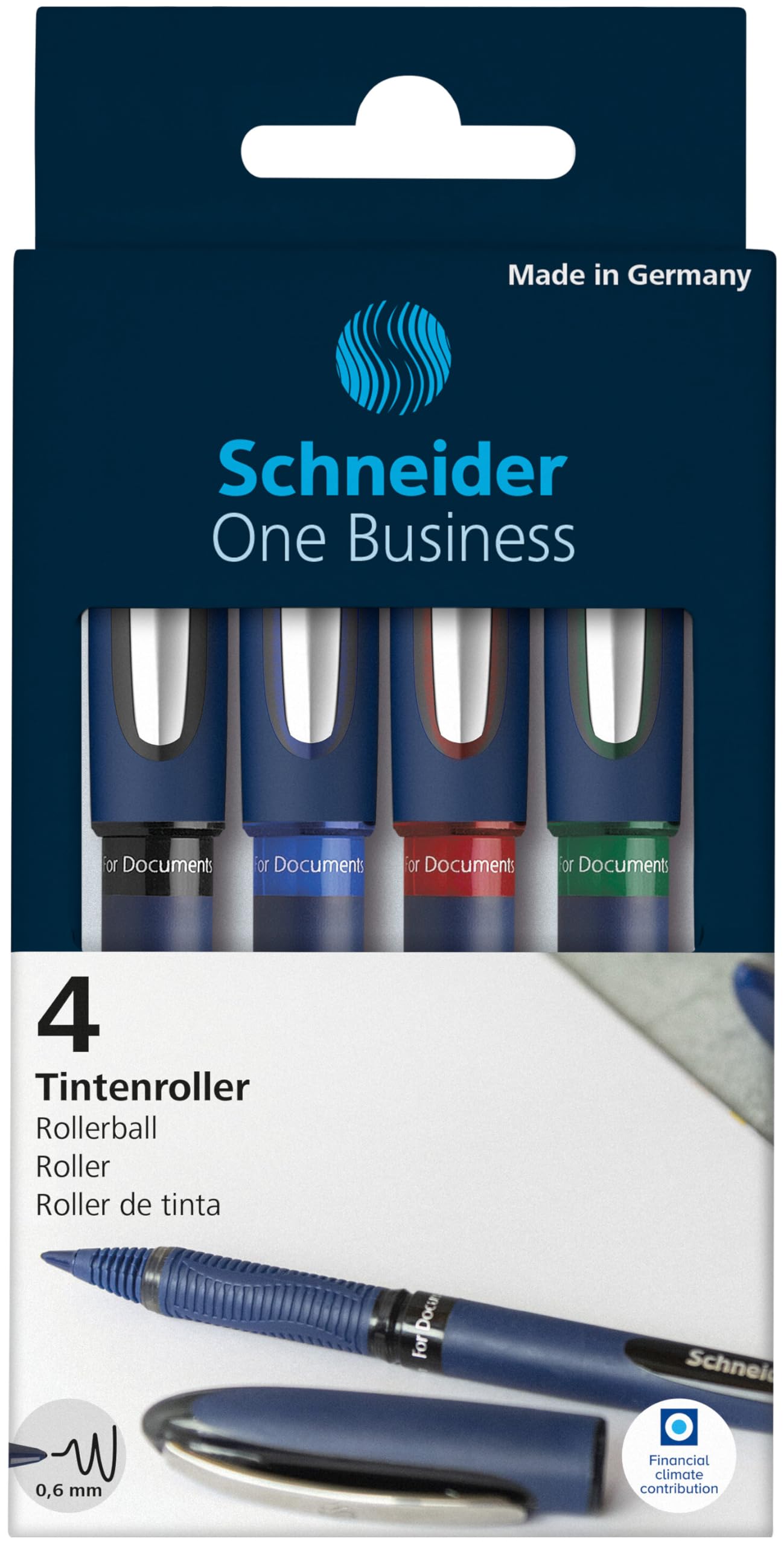 Schneider One Business Rollerball Pen, 0.6 mm Ultra-Smooth Tip, Blue Barrel, Four-Pack, One Each of: Black, Red, Blue, Green (183094)