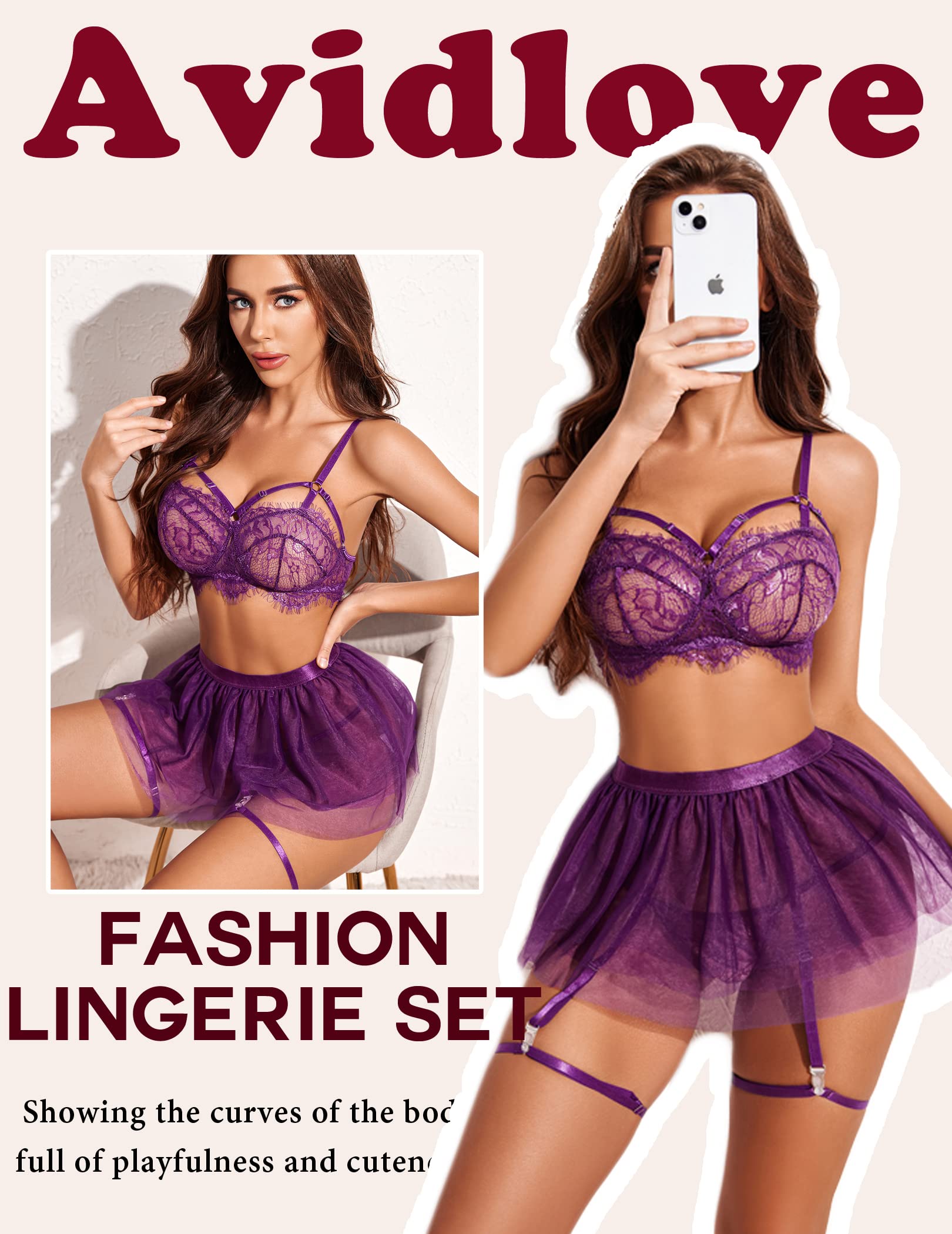 Avidlove Lingerie for Women Strap Babydoll Bodysuit with Garter Belts (Purple, X-Large)