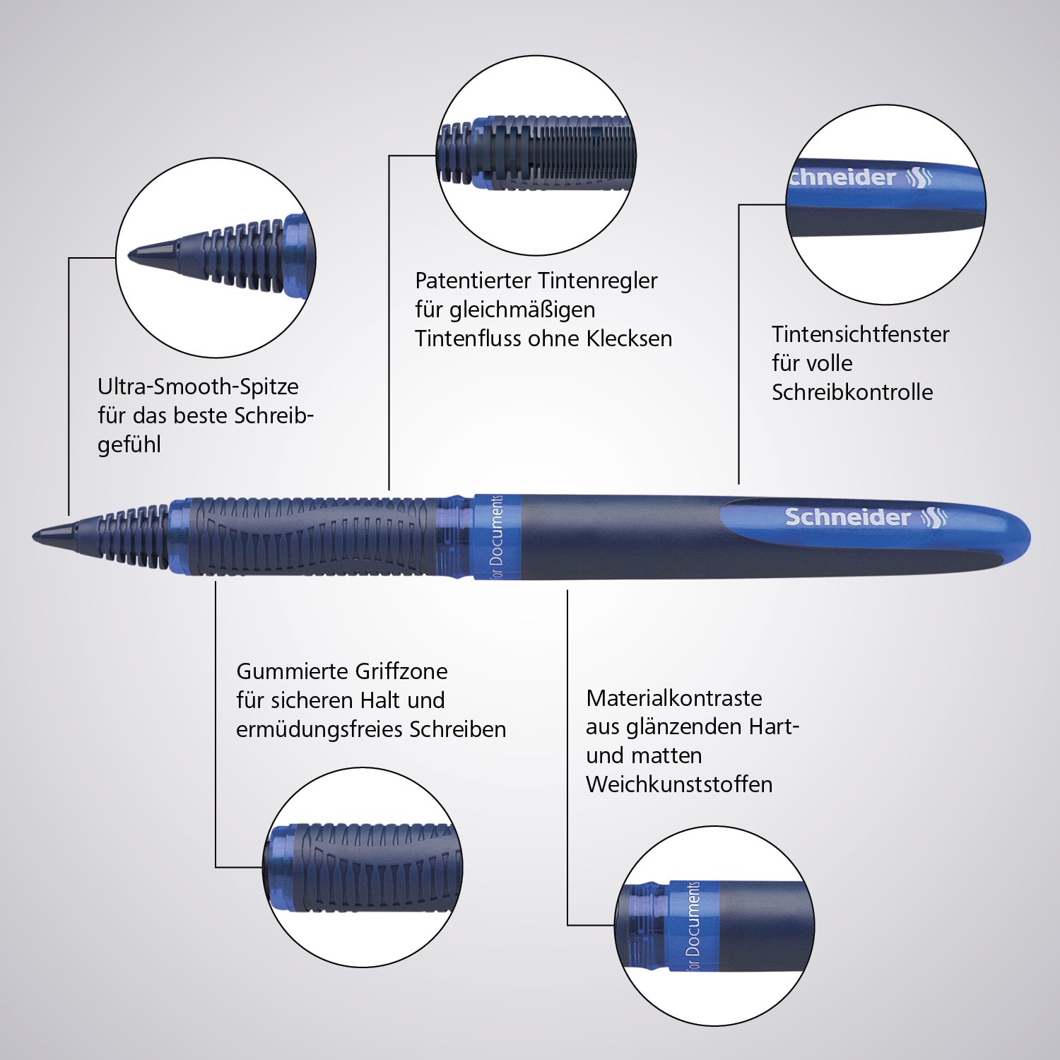 Schneider One Business Rollerball Pen, 0.6 mm Ultra-Smooth Tip, Blue Barrel, Four-Pack, One Each of: Black, Red, Blue, Green (183094)