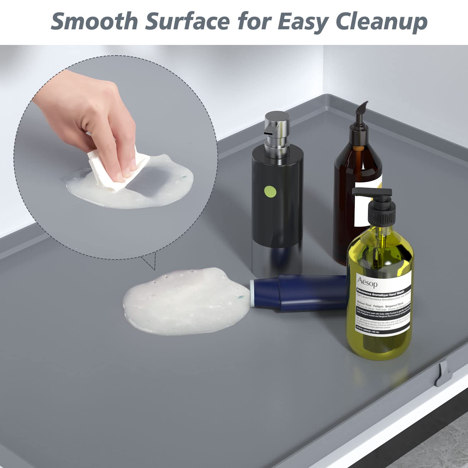 FUNXIM Under Sink Mat, Under Sink Liner For Kitchen Waterproof,Under Sink Mats 34" X 22" Silicone With Unique Drain Hole For Kitchen, Cabinets, Bathroom And Laundry Room (Gray)