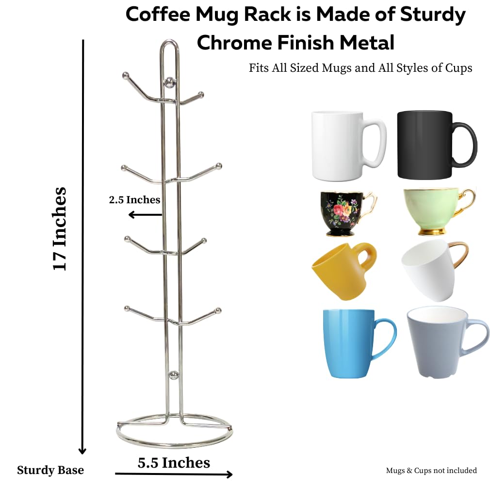 Evelots Countertop Coffee Mug/Teacup Organizer Stand/Rack/Tree-Hooks Hold 8 Large Mugs-Modern Chrome Finish-Coffee Bar Accessory