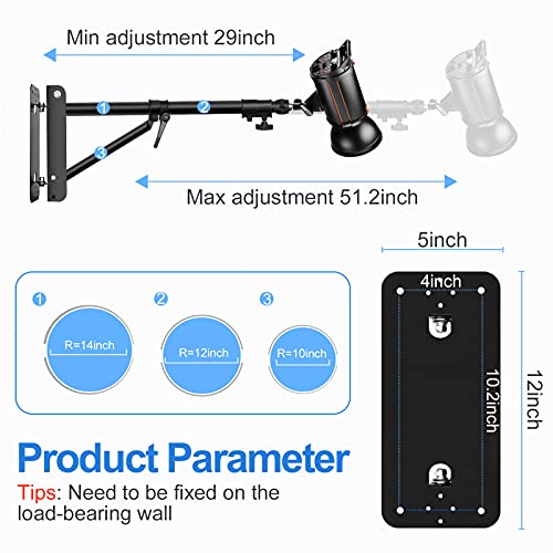 EMART Wall Mounting Triangle Boom Arm for Photography Ring Light Strobe Lighting Softbox Reflector Umbrella Monolight, Max Length 51.2 inches/130cm, Support 180 Degree Rotation (Black)