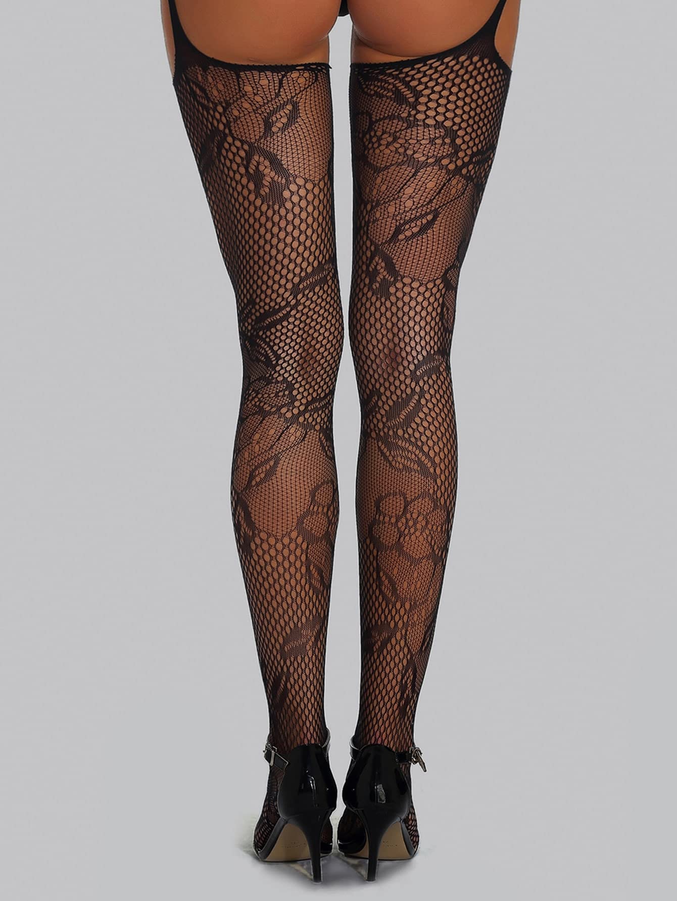 Verdusa Women's Fishnet Stockings Tights High Waist Lace Suspender Pantyhose Cut Out Black one-size