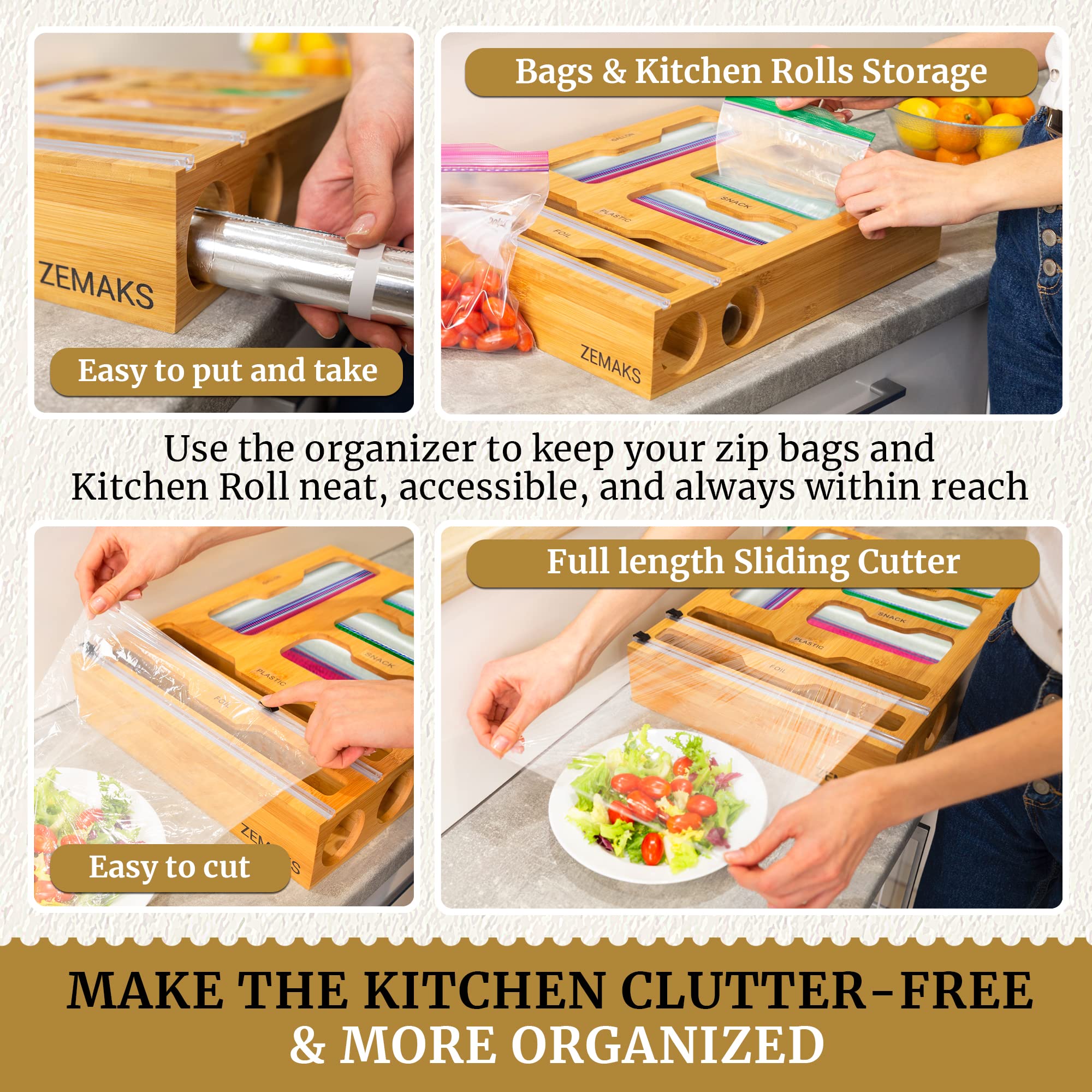 ZEMAKS Bamboo Ziplock bag organizer with foil and plastic wrap organizer for drawer with cutter, compatible with all ziplock bag sizes, any 12 inches roll and 13.5 inches wide drawer