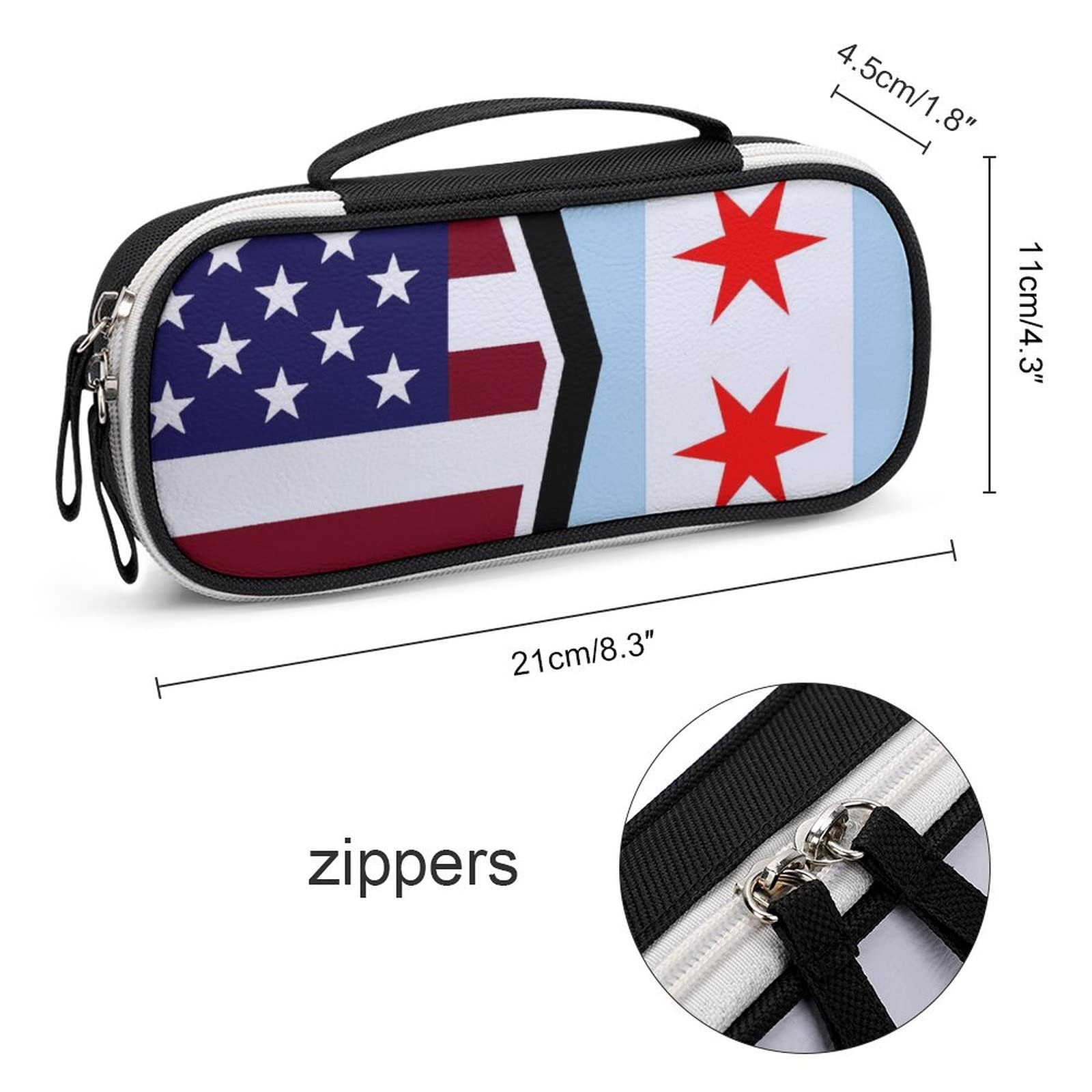 American and Chicago Flag PU Leather Pencil Pen Case Organizer Travel Makeup Handbag Portable Stationery Bag